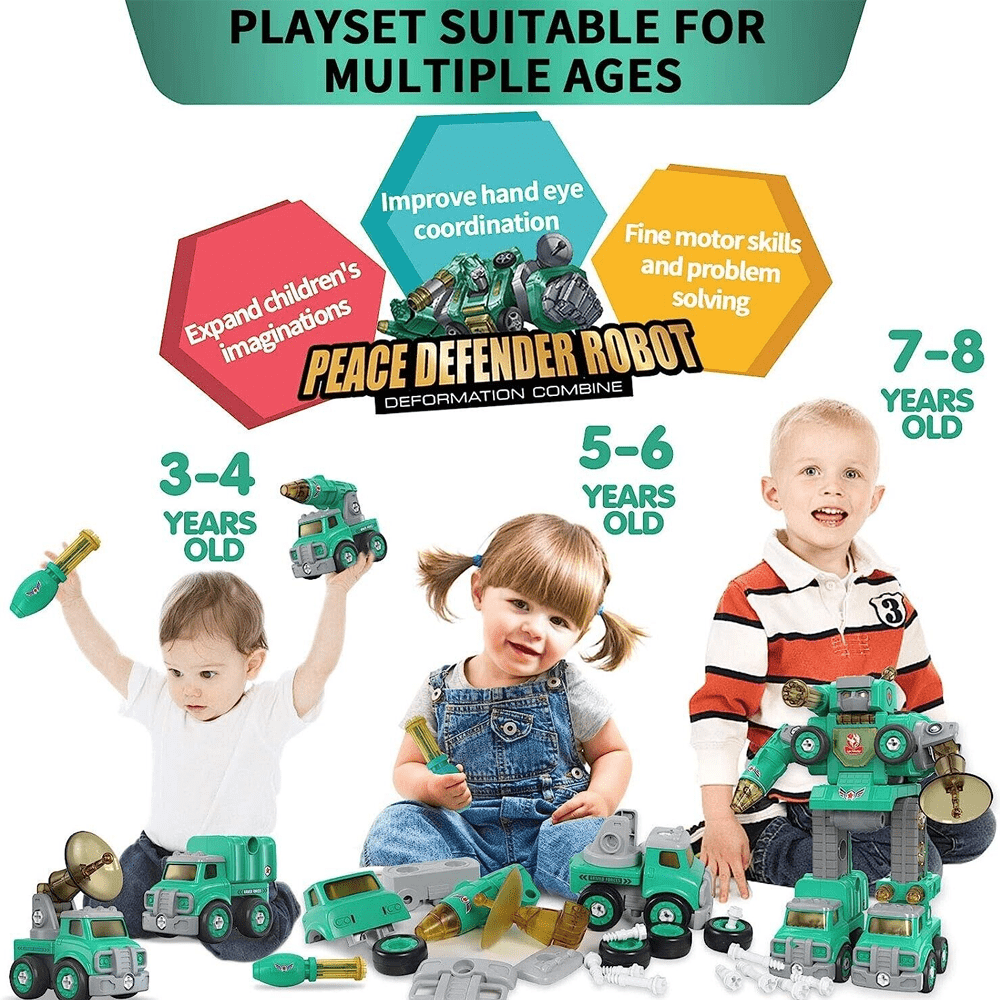 5 IN 1 PEACE DEFENDER ROBOT STEM TOY, 5 TRUCKS THAT TRANSFORM INTO GIA ...